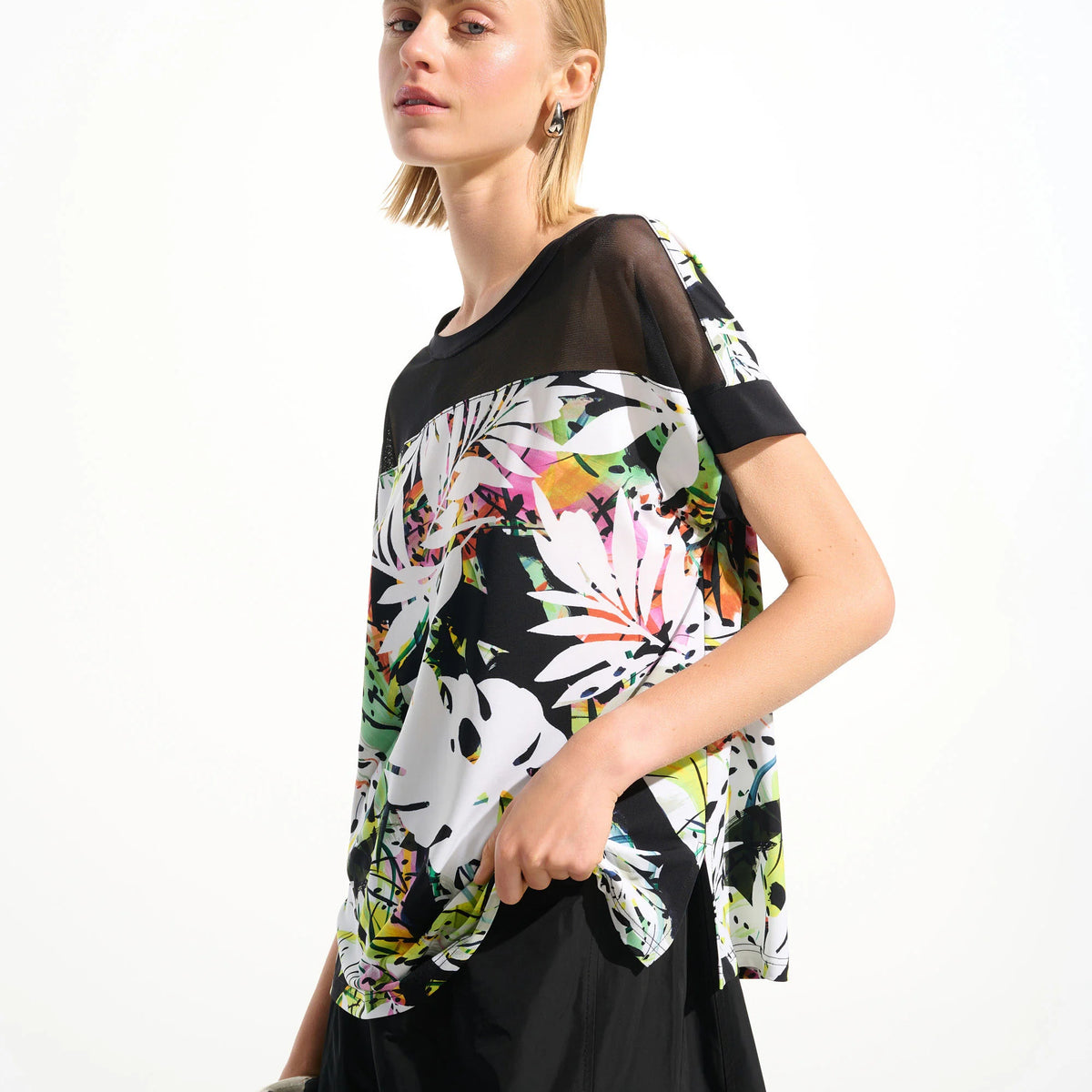 Joseph Ribkoff Silky Knit Tropical Print Straight Tunic With Mesh Inse ...