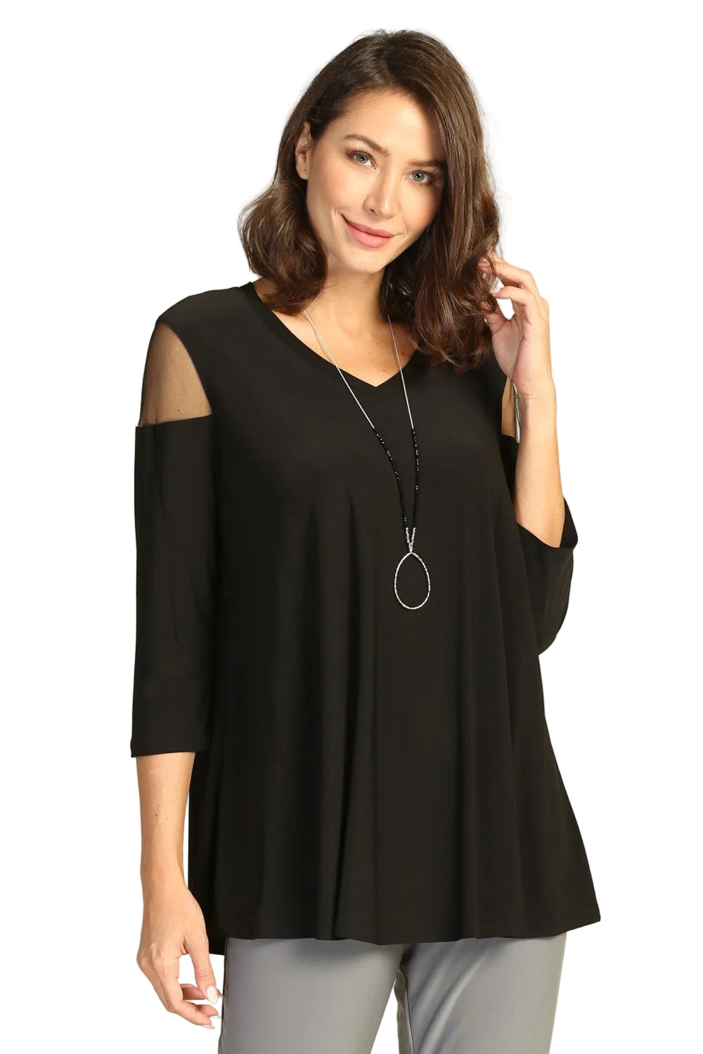 By JJ V-Neck Mesh Cutout Shoulder Top-IT-106 – Unique Apparel USA